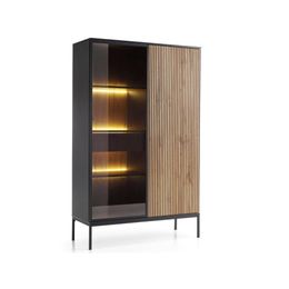 Graingold Vitrine, Eiche Wotan, Metall, 8 F&auml;cher, 1 Schubladen, 104x166x39 cm, Wohnzimmer, Wohnw&auml;nde, Vitrinenschr&auml;nke