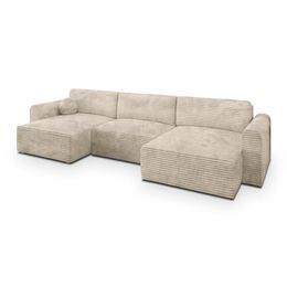 Masseno Wohnlandschaft, Creme, Holz, 5-Sitzer, U-Form, 347x90x148 cm, Wohnzimmer, Sofas & Couches, Wohnlandschaften, Wohnlandschaften in U-Form