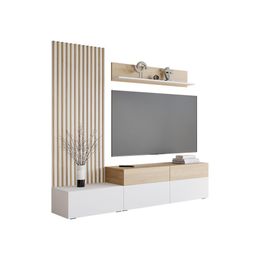 Mirjan24 Wohnwand, Wei&szlig;, Eiche, Kunststoff, 2 Schubladen, Rechteckig, 225x209x40 cm, Wohnzimmer, Wohnw&auml;nde, Wohnwand-Sets
