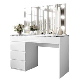 Lookway Schminktisch, Wei&szlig; Hochglanz, Holzwerkstoff, Uni, 5 Schubladen, seitenverkehrt montierbar,Rechteckig, 120x78.5x55 cm, Schlafzimmer, Schminktische