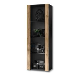 Komodee Vitrine, Schwarz, Eiche Wotan, Holzwerkstoff, Holz Optik, 3 F&auml;cher, Rechteckig, 55x159x35 cm, Wohnzimmer, Wohnzimmer-Sets & Serien, Vitrinenschr&auml;nke