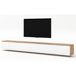 AX Living Lowboard, Braun, Wei&szlig;, Kunststoff, Teilmassiv,Kiefer, Uni, Rechteckig, 300x34x32 cm, Hergestellt in Europa, FSC Mix, Reach, Pefc, Made in EU, Wohnzimmer, Wohnw&auml;nde, Lowboards, Lowboards h&auml;ngend