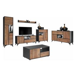 Komodee Wohnzimmerset, Eiche, Anthrazit, Holzwerkstoff, 3 F&auml;cher, Rechteckig, 450x178x50 cm, Wohnzimmer, Wohnw&auml;nde, Wohnwand-Sets