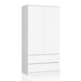 Akord Kleiderschrank, Wei&szlig;, Holzwerkstoff, 4 F&auml;cher, 2 Schubladen, Rechteckig, 90x180x51 cm, Schlafzimmer, Kleiderschr&auml;nke