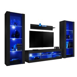 Komodee Wohnzimmerset, Schwarz, Schwarz, Holzwerkstoff, 9 F&auml;cher, Rechteckig, 250x159x35 cm, Wohnzimmer, Wohnw&auml;nde, Wohnwand-Sets