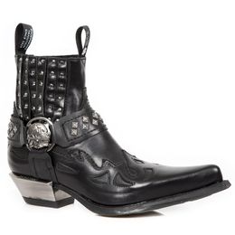 New Rock Western-Bikerstiefel aus schwarzem Leder mit Nieten-7950-S1