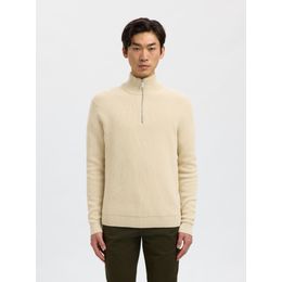 Troyer Selected "SLHDANE LS KNIT STRUCTURE HALF ZIP NOOS", Herren, Gr. S, oatmeal, Strick, Obermaterial: 100% Baumwolle, unifarben, regular fit normal, ohne Ausschnitt, Rippb&uuml;ndchen, Pullover Troyer, Baumwolle, regular fit
