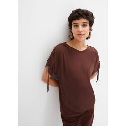 T-Shirt bonprix, Damen, Gr. 48/50 (XL), braun (terrabraun), Obermaterial: 95% Viskose, 5% Elasthan, l&auml;ssig geschnitten, Shirts T-Shirt, l&auml;ssig geschnitten, Halbarm-Design, mit Raffung am &Auml;rmel