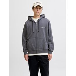 Jack & Jones Kapuzensweatshirt JACK & JONES "JORNORREBRO EMB SWEAT ZIP HOOD NOOS", Herren, Gr. L, asphalt, angeraute Sweatware, Obermaterial: 89% Baumwolle, 11% Polyester, unifarben, relaxed fit normal, Rundhals, Rippb&uuml;ndchen, Sweatshirts, mit Stickerei