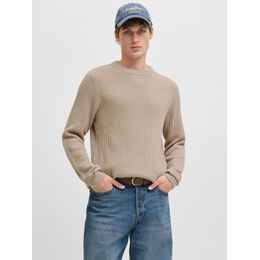 Jack & Jones Rundhalspullover JACK & JONES "JJEDOVER KNIT CREW NECK SN", Herren, Gr. XS, gelb (moonbeam), Strick, Obermaterial: 42% Baumwolle, 40% Polyacryl, 18% Polyester, unifarben, regular fit normal, Rundhals, Rippstrickb&uuml;ndchen, Pullover Rundhalspullover, Baumwollmischung, regular fit