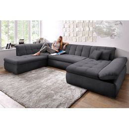 Wohnlandschaft DOMO collection "NMORIC im XXL-Format, 353x216x80 cm, inkl. Zierkissen U-Form", grau, B:353cm H:80cm T:216cm, Microfaser PRIMABELLE (100% Polyester);Chenille (85% Polyester, 15% Acryl);Luxus-Microfaser (100% Polyester);Struktur ( 100% Polyester), Sofas, Wohnlandschaft, wahlweise mit Bettfunktion und Armlehnenverstellung
