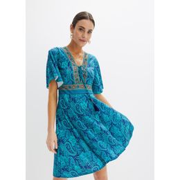 Jerseykleid bonprix, Damen, Gr. 44/46 (L), N-Gr, t&uuml;rkis paisley, Jersey, Obermaterial: 95% Polyester, 5% Elasthan, ausgestellt, Kleider Jerseykleid, ausgestellte Passform, Kurzarm, mit Schn&uuml;rung und Bindeband