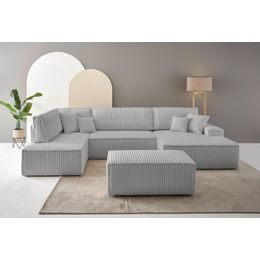 Wohnlandschaft OTTO HOME "FINNLEY U-Form XXL 329 cm - OTTO. Verl&auml;ssliche Qualit&auml;t.", grau, B:329cm H:85cm T:195cm, Bezugstoff 100% PES ;Gramatur 400g/qm +/- 5%, Sofas, Wohnlandschaft, Schlafsofa, Bettkasten, in Boucl&eacute;, Struktur fein und Mega Cord