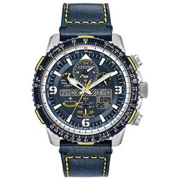 Funkchronograph Citizen "Promaster Skyhawk "Blue Angels", blau (dunkelblau), Armbanduhren, Herren, Armbanduhr, Herrenuhr, Solar, Stoppfunktion, Lederarmband