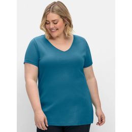 T-Shirt sheego "T-Shirt", Damen, Gr. 44/46, topas, 100% Baumwolle, unifarben, V-Ausschnitt, Shirts T-Shirt