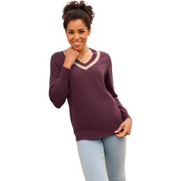 Damen Langarm-Pullover mit Streifen am V-Ausschnitt burgund-malve, Gr&ouml;&szlig;e 52
