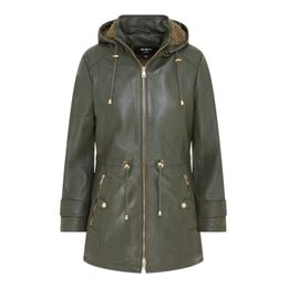 Gr&uuml;ner Lederparka f&uuml;r Damen mit abnehmbarer Borg-Kapuze und Trenchcoat &ndash; Trekker