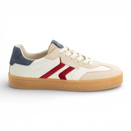 Tamaris Herren-Sneaker aus cremewei&szlig;em Leder mit rotem Streifen