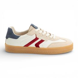 Tamaris Herren-Sneaker aus cremewei&szlig;em Leder mit rotem Streifen