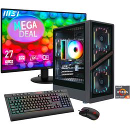 GAMEMAX Gaming-PC-Komplettsystem "MegaDeal AERIS GB 2819 AMD Ryzen 5 5500 16GB 480GB SSD RTX 5050", Energieeffizienz: D (A-G), schwarz, Microsoft Windows 11 Home (64 Bit), 16 GB RAM 480 GB SSD, Computer_Komplettsysteme, Windows 11 + MSI PRO MP272L LCD-Monitor, 68,6cm (27")
