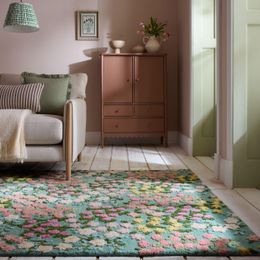 Wollteppich FLAIR RUGS "Emilia Floral, Hoch-Tief-Struktur", bunt (multi), B:160cm H:9mm L:230cm, Wolle, Teppiche, florales Design, Wohnzimmer, Schlafzimmer, Esszimmer