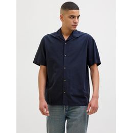 Jack & Jones Kurzarmhemd JACK & JONES "JJESUMMER RESORT SHIRT SS SN", Herren, Gr. S, N-Gr, blau (navy blazer), Web, Obermaterial: 83% Baumwolle, 17% Leinen, unifarben, relaxed fit taillenbedeckt, ohne Ausschnitt, gerader Abschluss, Hemden, mit Resort Kragen