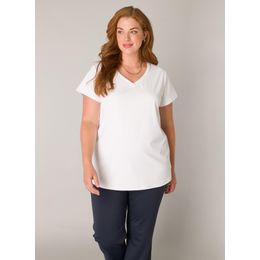 V-Shirt Base Level Curvy "Lilly", Damen, Gr. 44, wei&szlig;, Single Jersey, Obermaterial: 75% Polyamid, 25% Elasthan, unifarben, bequem h&uuml;ftbedeckend, V-Ausschnitt, Shirts, mit Stretch
