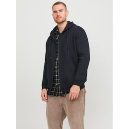 Jack & Jones PlusSize Kapuzensweatjacke "JJEBRADLEY mit Kapuze und weichem Innenmaterial", Herren, Gr. 5XL, schwarz, angeraute Sweatware, Obermaterial: 61% Polyester, 39% Baumwolle, JACK & JONES PLUSSIZE, unifarben, relaxed fit normal, ohne Ausschnitt, Rippb&uuml;ndchen, Sweatjacken, unifarben, modisch, relaxed fit, Materialmix