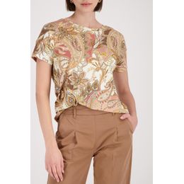 T-Shirt monari "Shirt Paisleydruck allover", Damen, Gr. 34, braun gem, Web, Obermaterial: 95% Viskose, 5% Elasthan, gemustert, regular fit taillenbedeckt, Rundhals, eingesetzt abgesteppte Kante, Shirts T-Shirt, Regular fit mit Paisleymuster