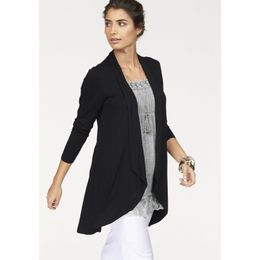 Boysen's Shirtjacke BOYSEN'S, Damen, Gr. 34 (XS), schwarz, Jersey, Obermaterial: 95% Viskose, 5% Elasthan, gestreift, mehrfarbig, meliert, Basic, figurumspielend h&uuml;ftlang, V-Ausschnitt, Shirts Shirtjacke, Langarm, mit Schalkragen, aus elastischem Jersey