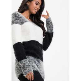 Strickpullover bonprix "Grobstrick-Pullover", Damen, Gr. 48/50 (XL), schwarz (schwarz, wei&szlig; gestreift), Strick, Obermaterial: 60% Polyacryl, 40% Polyamid, gestreift, bequem Po-bedeckend, Rundhals, Strickb&uuml;ndchen, Pullover Strickpullover, aus Effekt-Garn, Grobstrick, bequeme Passform, eleganter Stil
