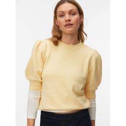 V&eacute;ro Moda Rundhalspullover VERO MODA "VMDOFFY 2/4 O-NECK PULLOVER GA NOOS", Damen, Gr. M, golden haze detail:wei&szlig; melange, Strick, Obermaterial: 94% Polyester, 3% Elasthan, 3% Nylon, meliert, regular fit normal, Rundhals, Puff&auml;rmel Strickb&uuml;ndchen, Pullover Rundhalspullover, Materialmix, regular fit