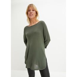 Strickpullover bonprix "Feinstrickpullover mit 3/4 Arm", Damen, Gr. 36/38 (S), gr&uuml;n (eukalyptusgr&uuml;n), Feinstrick, Obermaterial: 50% Polyacryl, 50% Viskose, unifarben, oversize Po-bedeckend, Rundhals, Fledermaus&auml;rmel Strickb&uuml;ndchen, Pullover Strickpullover, aus Polyacryl und Viskose, mit Rundhalsausschnitt, mit 3/4-&Auml;rmeln