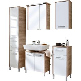 Badm&ouml;bel-Set SAPHIR "Quickset 382 5-teilig, Waschbeckenunterschrank mit LED-Spiegelschrank", wei&szlig; (wei&szlig; hochglanz, eiche natur quer nachbildung), B:145cm T:33cm, Glas, Holzwerkstoff, Kastenm&ouml;bel-Sets, Badm&ouml;bel-Set, Hochschrank, Unterschrank, H&auml;ngeschrank, inkl. T&uuml;rd&auml;mpfer, 8 T&uuml;ren