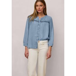 Jeansbluse STREET ONE STUDIO, Damen, Gr. 46, light blau soft wash, Stoff, 100% Lyocell, unifarben, normal normal, Rundhals, abgesteppt, Blusen Jeansbluse, mit 3/4 &Auml;rmeln