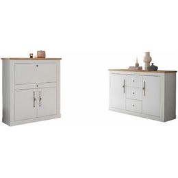 B&uuml;rom&ouml;bel-Set OTTO HOME "Westminster, wohnliches Home-Office, B&uuml;ro in zwei Farben verf&uuml;gbar", pinie wei&szlig;, Holzwerkstoff, Arbeitsm&ouml;bel-Sets, B&uuml;rom&ouml;bel-Set, enth&auml;lt Sekret&auml;r und Sideboard im Landhausstil, mit Kabelkanal