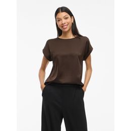 Kurzarmshirt Vila "VIELLETTE S/S SATIN TOP - NOOS", Damen, Gr. 40, braun (coffee bean), Satin, Obermaterial: 100% Polyester, unifarben, regular fit normal, Rundhals, mit Umschlag, Shirts, Kunstfaser, regular fit