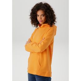 Kapuzensweatshirt Aniston CASUAL, Damen, Gr. 40, orange (mange, orange), angeraute Sweatware, Obermaterial: 80% Baumwolle, 20% Polyester. Futter: 80% Baumwolle, 20% Polyester, unifarben mit Farbeinsatz, oversize Po-bedeckend, Rippb&uuml;ndchen, Sweatshirts, mit Smiley im R&uuml;cken