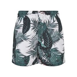 Badeshorts Urban Classics "Urban Classics Herren Boys Pattern Swim Shorts", Jungen, Gr. 110/116, Normalgr&ouml;&szlig;en, gr&uuml;n (palm leaves aop), 100% Polyester, Badehosen Badeshorts