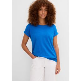 T-Shirt bonprix "Boxy-Shirt", Damen, Gr. 32/34 (XS), blau (azurblau), Web, Obermaterial: 100% Baumwolle, unifarben, figurumspielend normal, Rundhals, Aufschlag, Shirts T-Shirt, lockere, figurumspielende Passform, Kurzarm, Rundhalsausschnitt