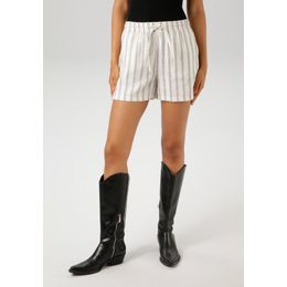 Shorts Aniston CASUAL, Damen, Gr. 44, N-Gr, wei&szlig; (hellbeige, sand, schwarz, silberfarben), Web, Obermaterial: 54% Polyester, 46% Viskose, Glitzermuster, Strukturmuster, gestreift, l&auml;ssig geschnitten kurz, Hosen Shorts, mit Glitzerf&auml;den verzierte Streifen