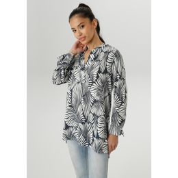 Schlupfbluse Aniston SELECTED, Damen, Gr. 40, blau (marine, wei&szlig;), Web, Obermaterial: 100% Viskose, bedruckt, gemustert, l&auml;ssig geschnitten Po-bedeckend, V-Ausschnitt, lange Manschette, Blusen Schlupfbluse, mit plakativen Bl&auml;tterdruck allover