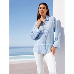 Druckbluse Heine, Damen, Gr. 40, blau (eisblau, champagner, bedruckt), 100% Polyester, bedruckt, gemustert, mehrfarbig, V-Ausschnitt, Blusen Druckbluse