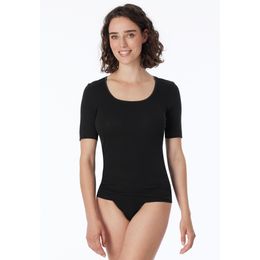 Kurzarmshirt Schiesser "Luxury", Damen, Gr. 44, schwarz, Feinripp, Obermaterial: 100% Baumwolle, normal h&uuml;ftbedeckend, tiefer Rundhals, Shirts, Rundhals-Ausschnitt, 1/2-Arm, Baumwolle, ohne st&ouml;rende Seitenn&auml;hte