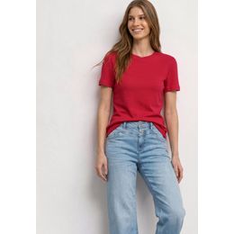 Kurzarmshirt Street One, Damen, Gr. 34, salsa rot, Jersey, Obermaterial: 50% Baumwolle, 50% Modal, unifarben, normal h&uuml;ftbedeckend, Rundhals, abgesteppte Kante, Shirts, Sommershirt mit feiner Raffung an den &Auml;rmeln