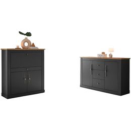 B&uuml;rom&ouml;bel-Set OTTO HOME "Westminster, wohnliches Home-Office, B&uuml;ro in zwei Farben verf&uuml;gbar", dunkelgrau, Holzwerkstoff, Arbeitsm&ouml;bel-Sets, B&uuml;rom&ouml;bel-Set, enth&auml;lt Sekret&auml;r und Sideboard im Landhausstil, mit Kabelkanal