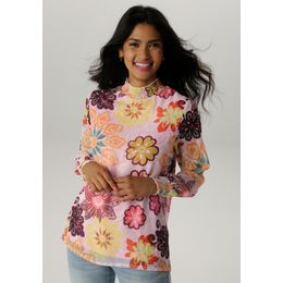 Chiffonbluse Aniston SELECTED, Damen, Gr. 46, bunt (gelb, orange, gr&uuml;n, rosa, wei&szlig;, terra, pink, camel, petrol, zimt, limone, braun), Chiffon, Obermaterial: 100% Polyester. Futter: 95% Viskose, 5% Elasthan, gebl&uuml;mt, gemustert, l&auml;ssig geschnitten h&uuml;ftbedeckend, Smokb&uuml;ndchen, Blusen Chiffonbluse, mit Blumendruck und Smokb&uuml;ndchen