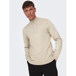 Only & Sons Strickpullover ONLY & SONS "ONSWYLER LIFE REG 14 HALF ZIP KNIT NOOS", Herren, Gr. L, beige (silber lining), Strick, Obermaterial: 78% Viskose, 22% Polyester, unifarben, Basic, regular fit normal, ohne Ausschnitt, Rippb&uuml;ndchen, Pullover Strickpullover