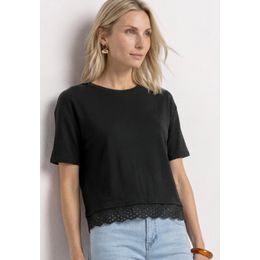 Kurzarmshirt Street One, Damen, Gr. 36, schwarz, Jersey, Obermaterial: 50% Baumwolle, 50% Modal, unifarben, normal h&uuml;ftlang, Rundhals, abgesteppte Kante, Shirts, Sommershirt mit Spitzenborte am Saum