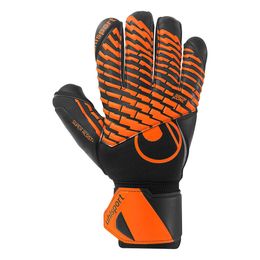 Torwarthandschuhe Uhlsport "Torwarthandschuhe FM Super Resist+ HN Kids", Kinder, Gr. 3,5, schwarz (schwarz, fluo orange), Obermaterial: 81% Gummi rubber. 13% Polyester PES. 6% Nylon NY., Handschuhe